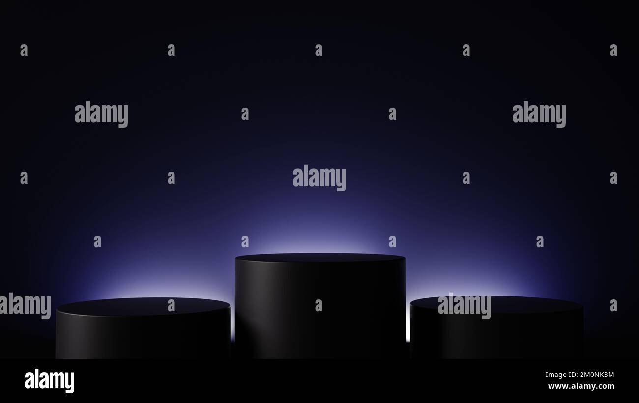three product showcase podium 3d illustration design with blue glowing ...