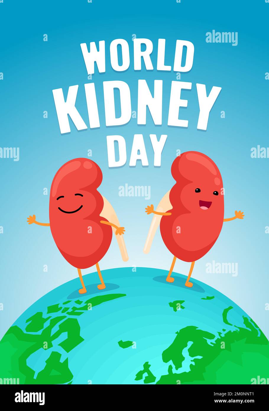 World kidney day poster with cartoon characters joyful jumping on Earth ...