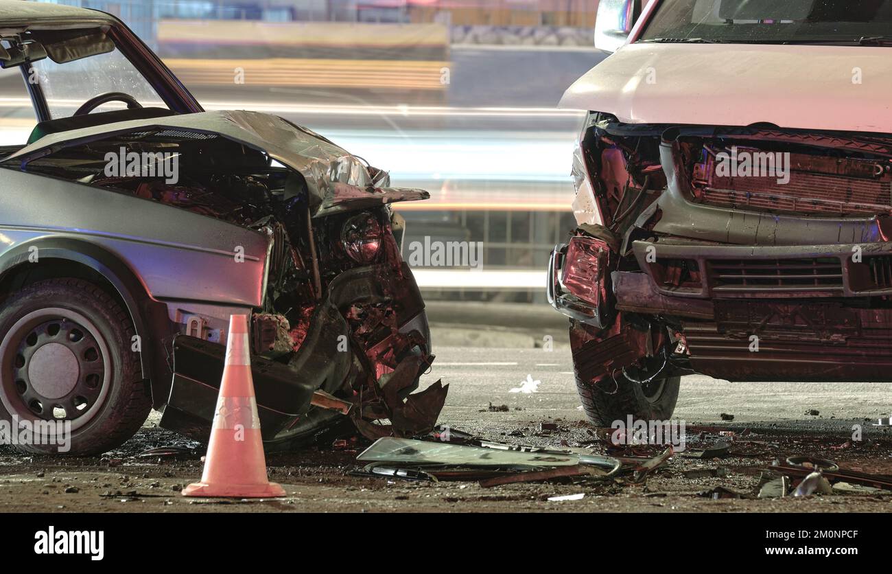 Cars crashed heavily in road accident after collision on city street at ...