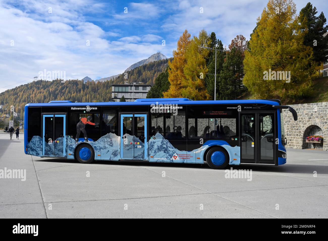 Passenger Bus Hahnensee Express, St. Moritz, Switzerland Stock Photo ...