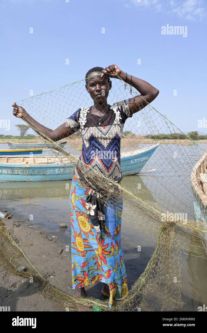 KENYA, Turkana, village Anam at Lake Turkana, fisherman woman with ...