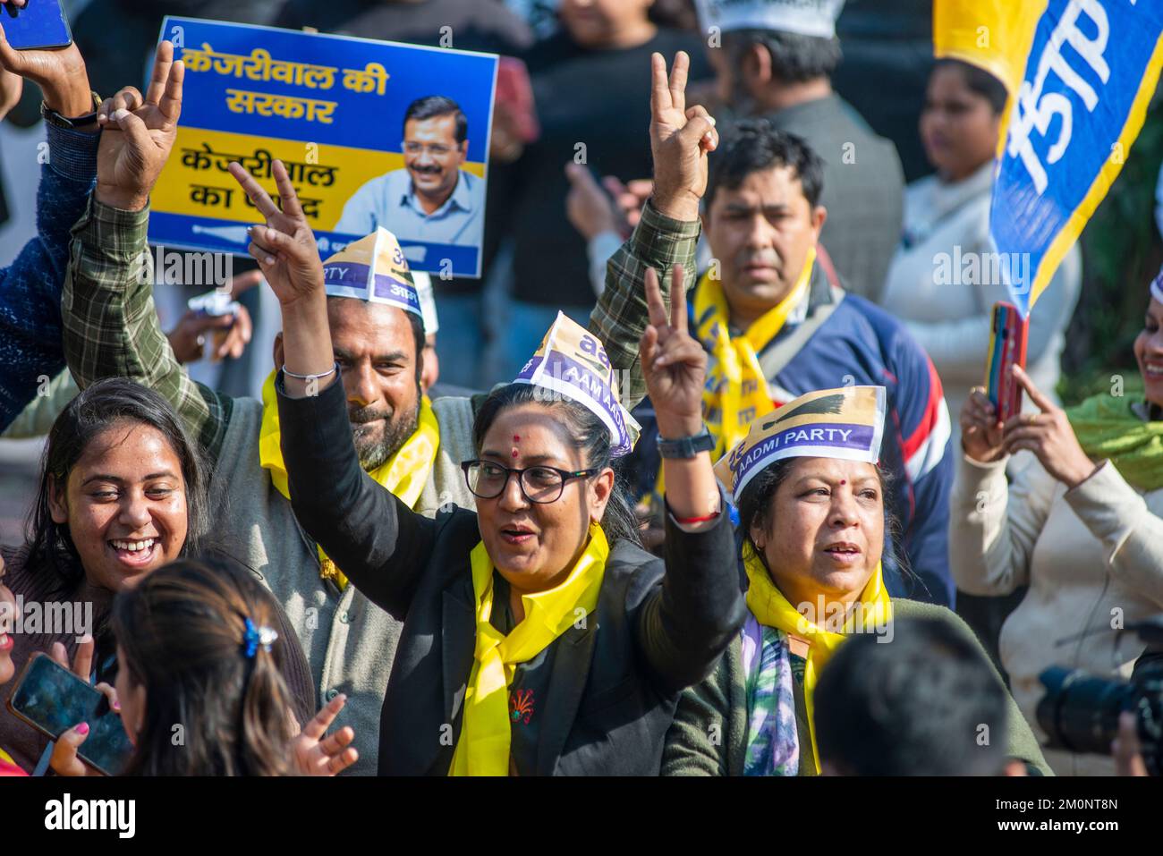 New Delhi, India. 07th Dec, 2022. Aam Aadmi Party supporters celebrate the victory of Delhi ...