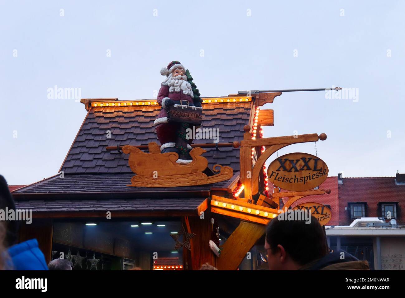 Hanau, Germany - December 15, 2019: Santa Claus on top of a stall at a ...