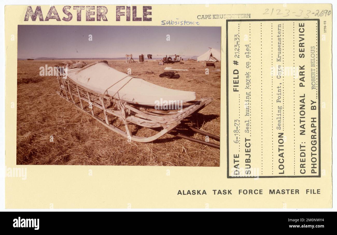 Seal hunting kayak on sled. Alaska Task Force Photographs Stock Photo ...