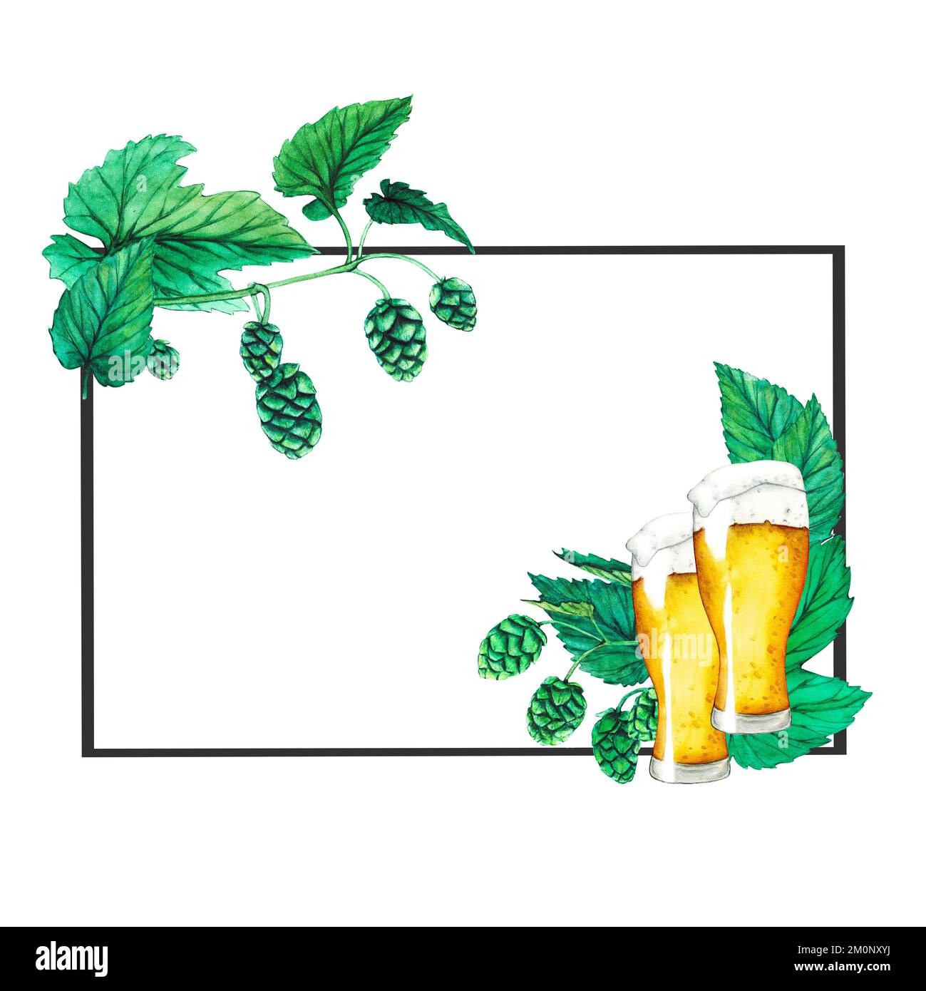 Glass of beer, hop and leaves. Frame watercolor. Clip Art beer ...