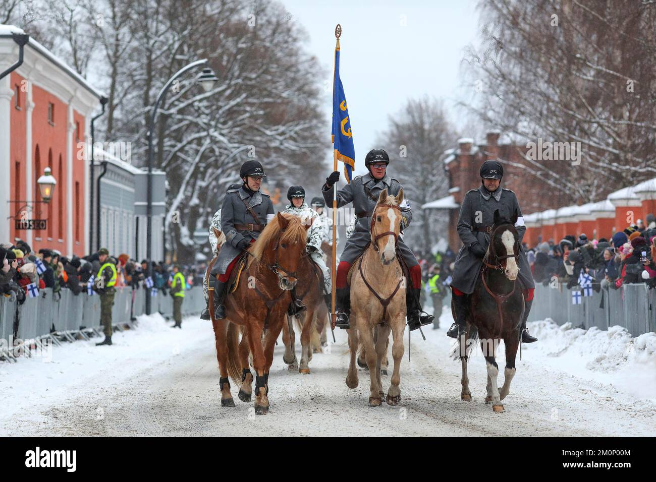 Hamina, Finland. 6th Dec, 2022. Soldiers on horseback march during the ...