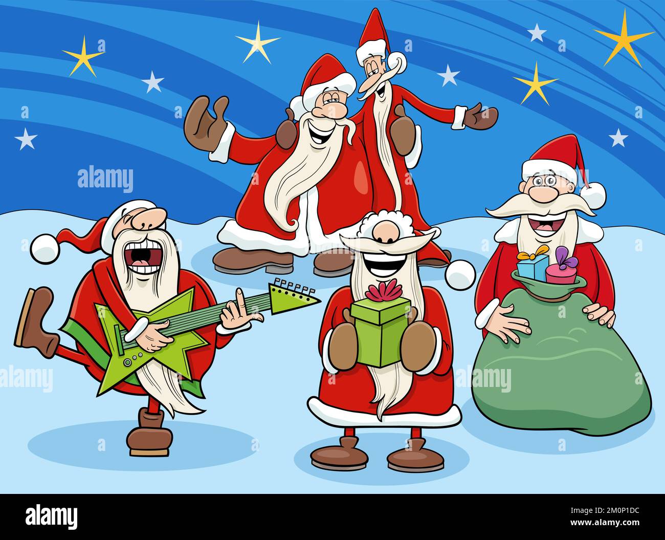 Cartoon illustration of Santa Clauses comic characters singing a carol ...
