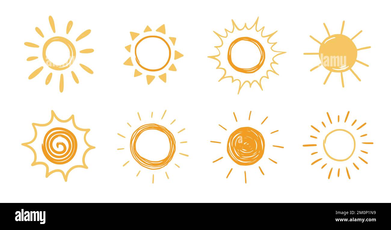 Doodle sun sketch illustration. Hand drawn cute yellow, orange sun set ...