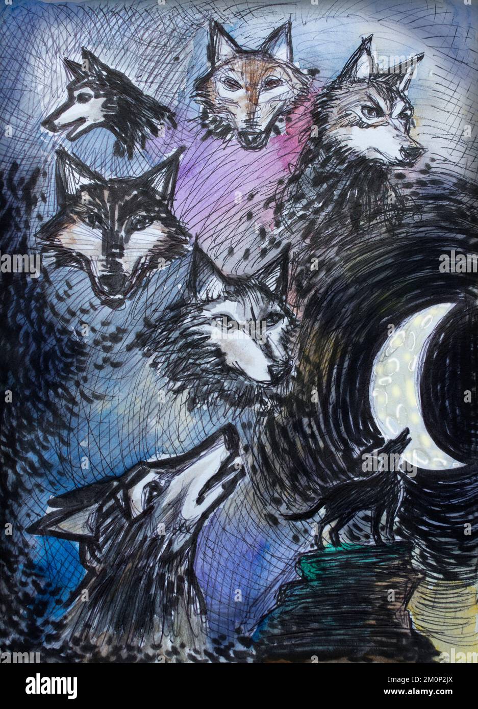pack of wolves under full moon, art illustration Stock Photo - Alamy