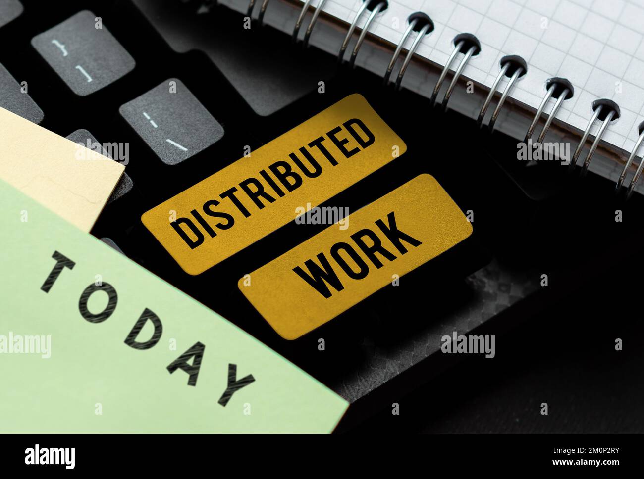 Hand writing sign Distributed Work. Word Written on practiced by enterprises using network ...