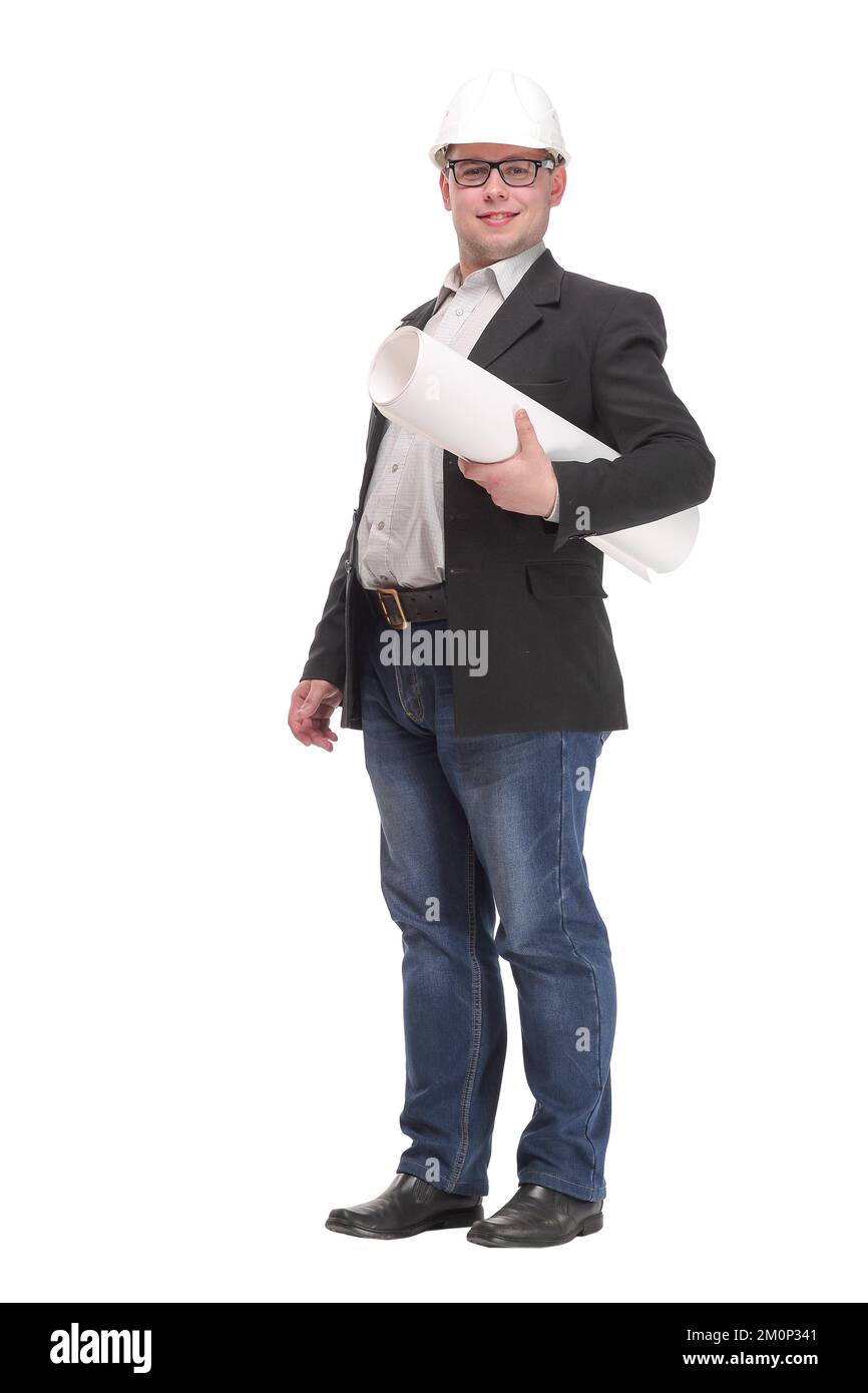 Side view image of an architecture wearing white hard hat Stock Photo ...