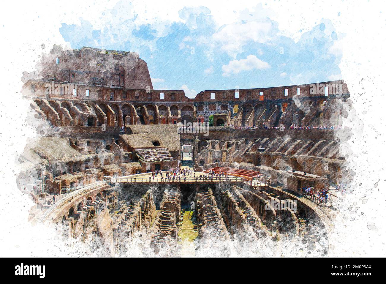 Watercolor illustration of Colosseum in Rome. Interior view of ...