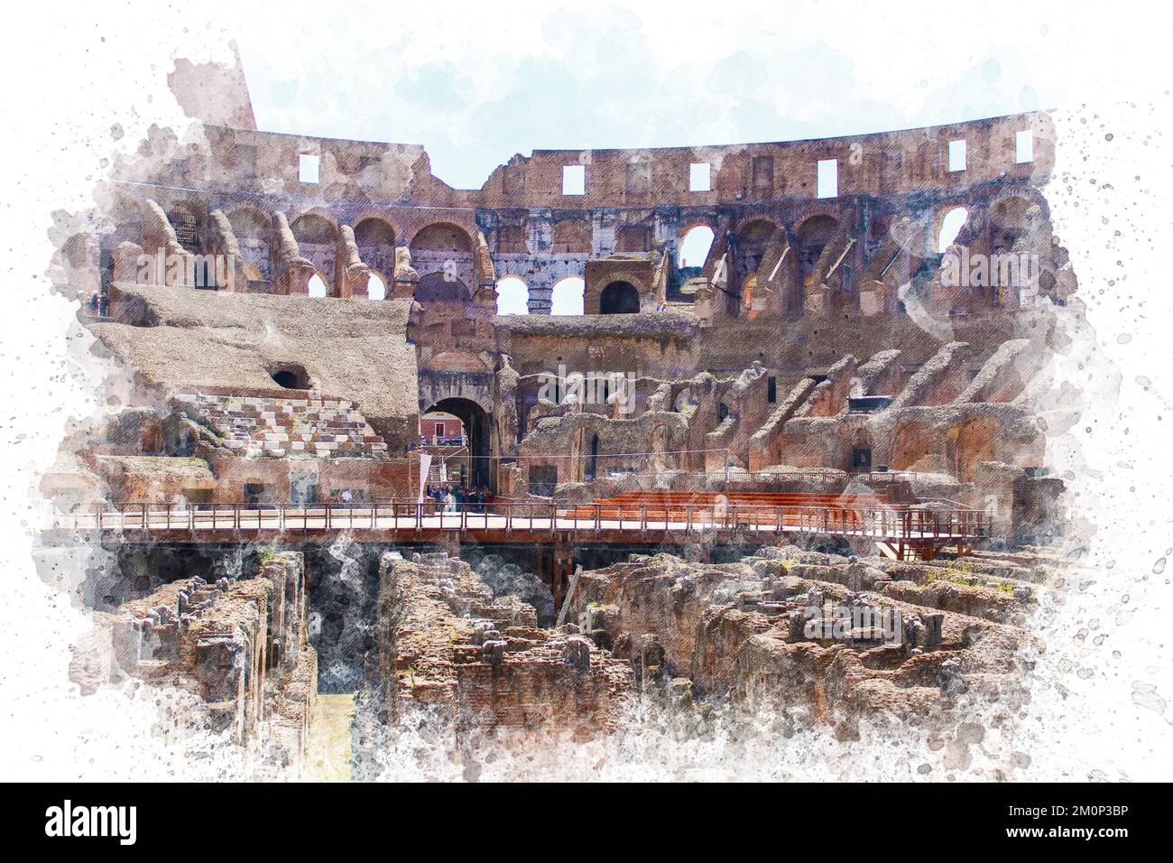 Watercolor illustration of Colosseum in Rome. Interior view of ...