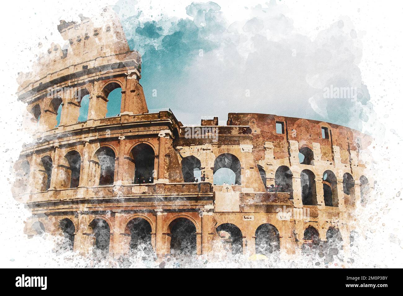 Watercolor illustration of Colosseum in Rome. Exterior view of ...