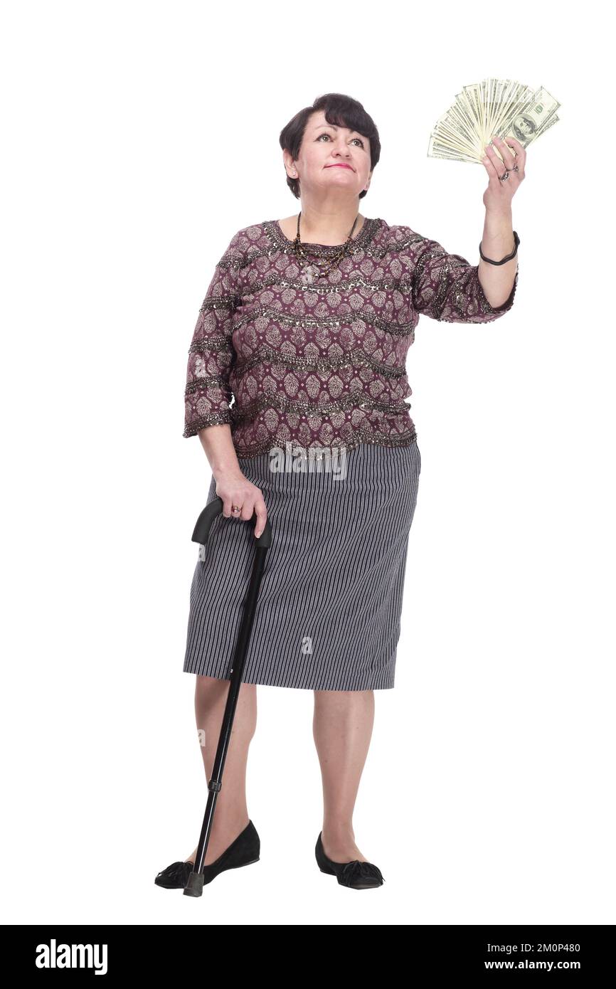 casual elderly woman with a fan of banknotes Stock Photo - Alamy
