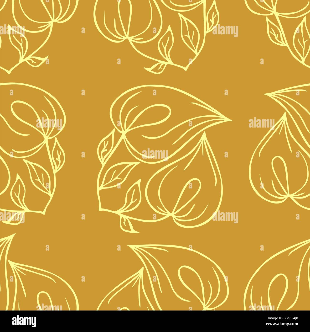 seamless contour pattern of large beige graphic flowers on a mustard ...