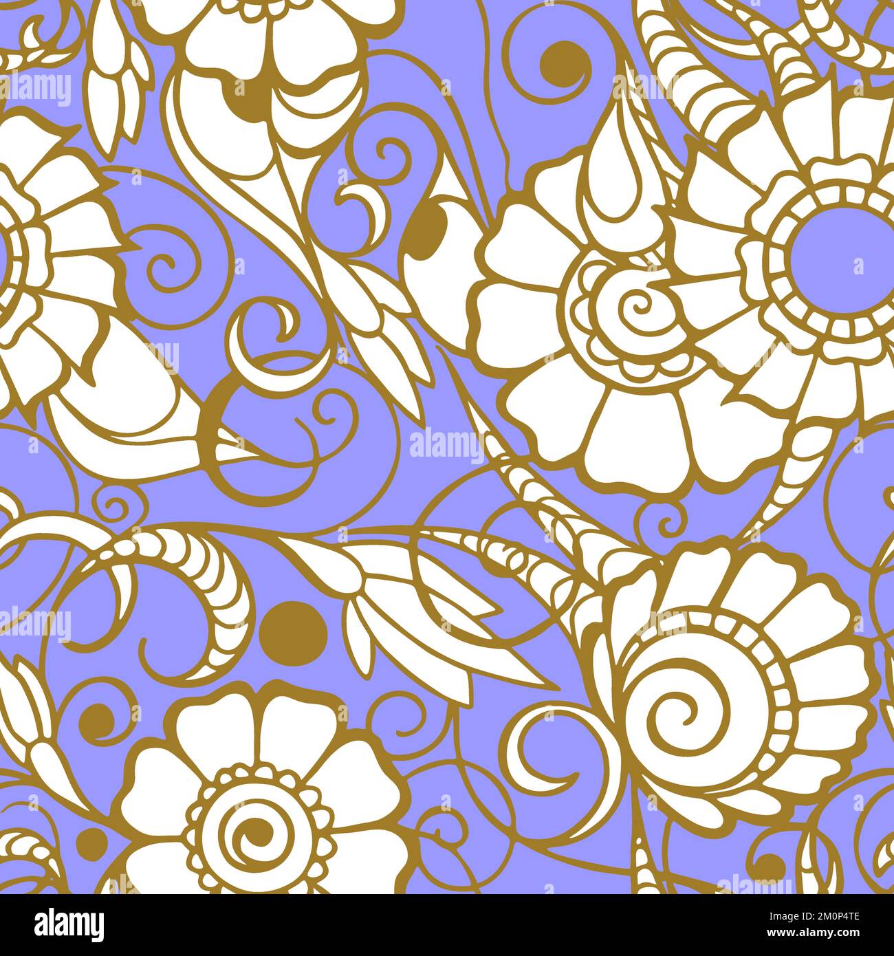 seamless pattern of large white flowers with a golden outline on a blue ...