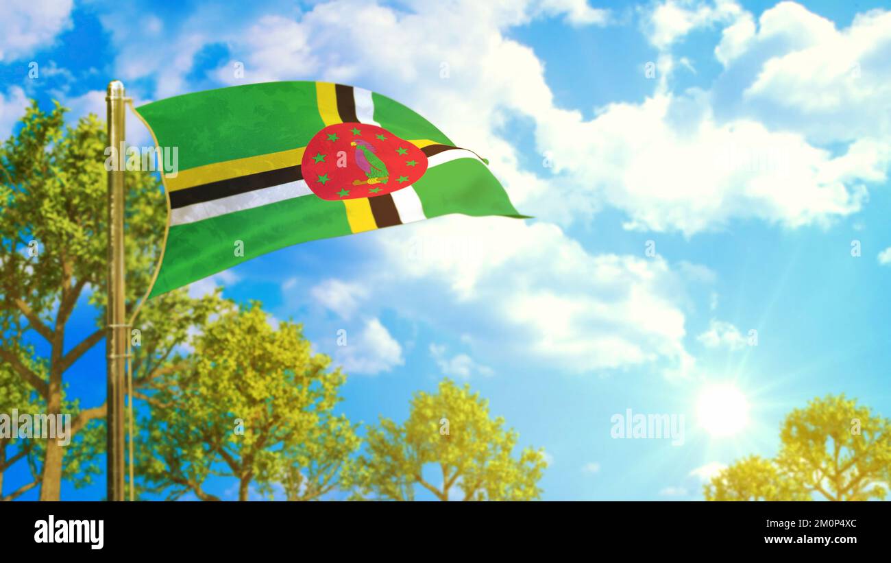 flag of Dominica at sunny day, sunny forecast symbol - nature 3D ...