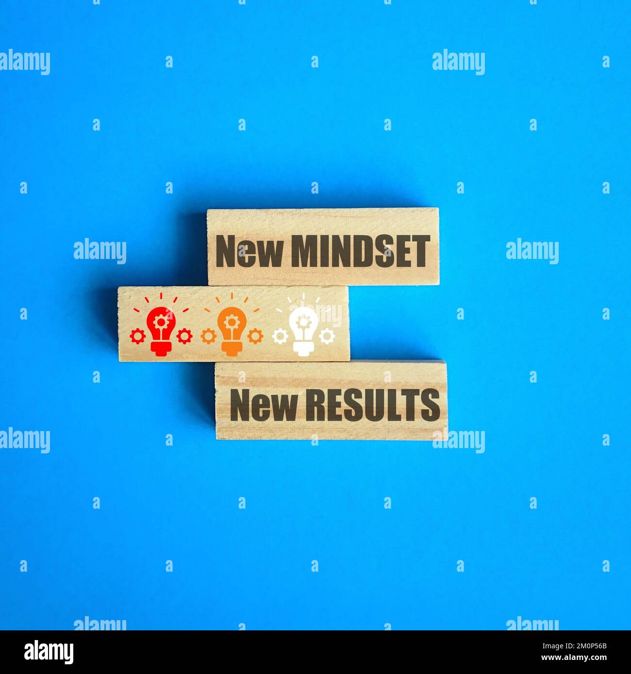 A new mindest, new results quote on wooden sticks with blue background ...