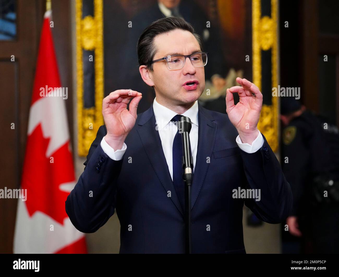 Conservative leader Pierre Poilievre speaks to reporters in the foyer ...