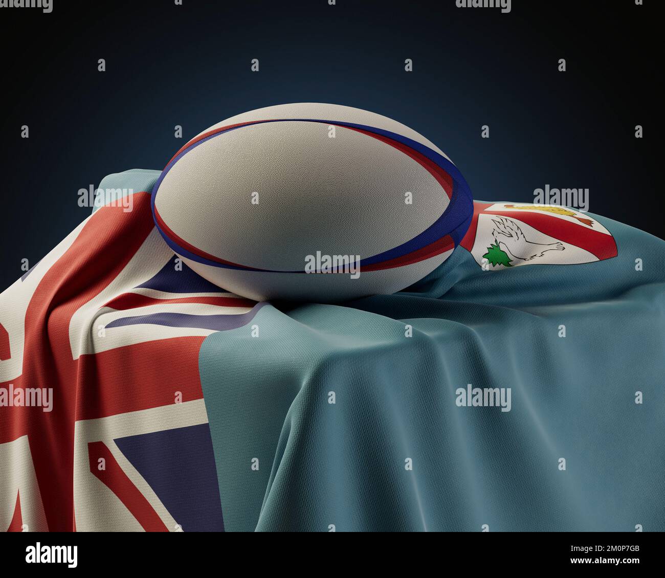 A regular rugby ball resting on a Fiji flag draped over a plinth on an ...