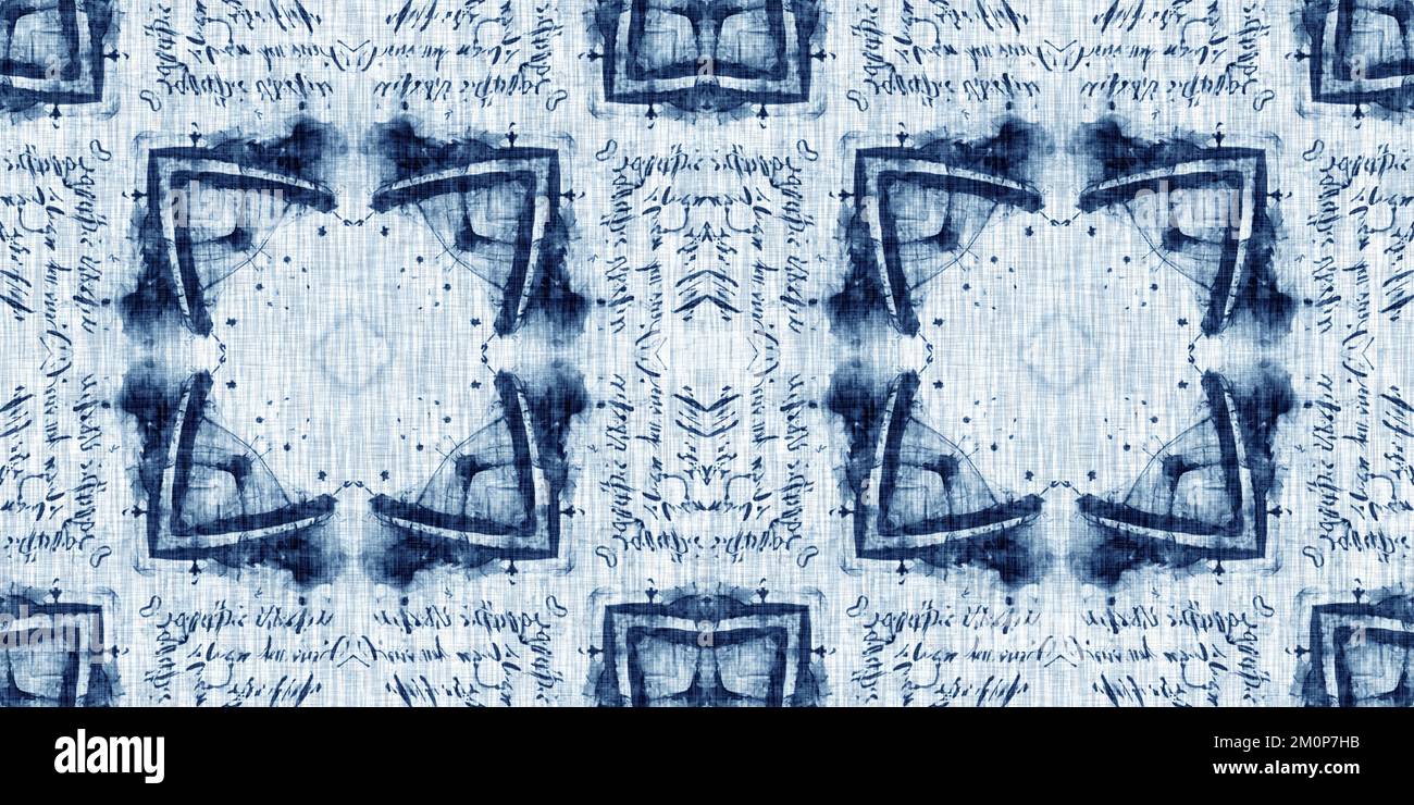 Indigo dye wash coastal damask seamless border pattern. Washed out ...