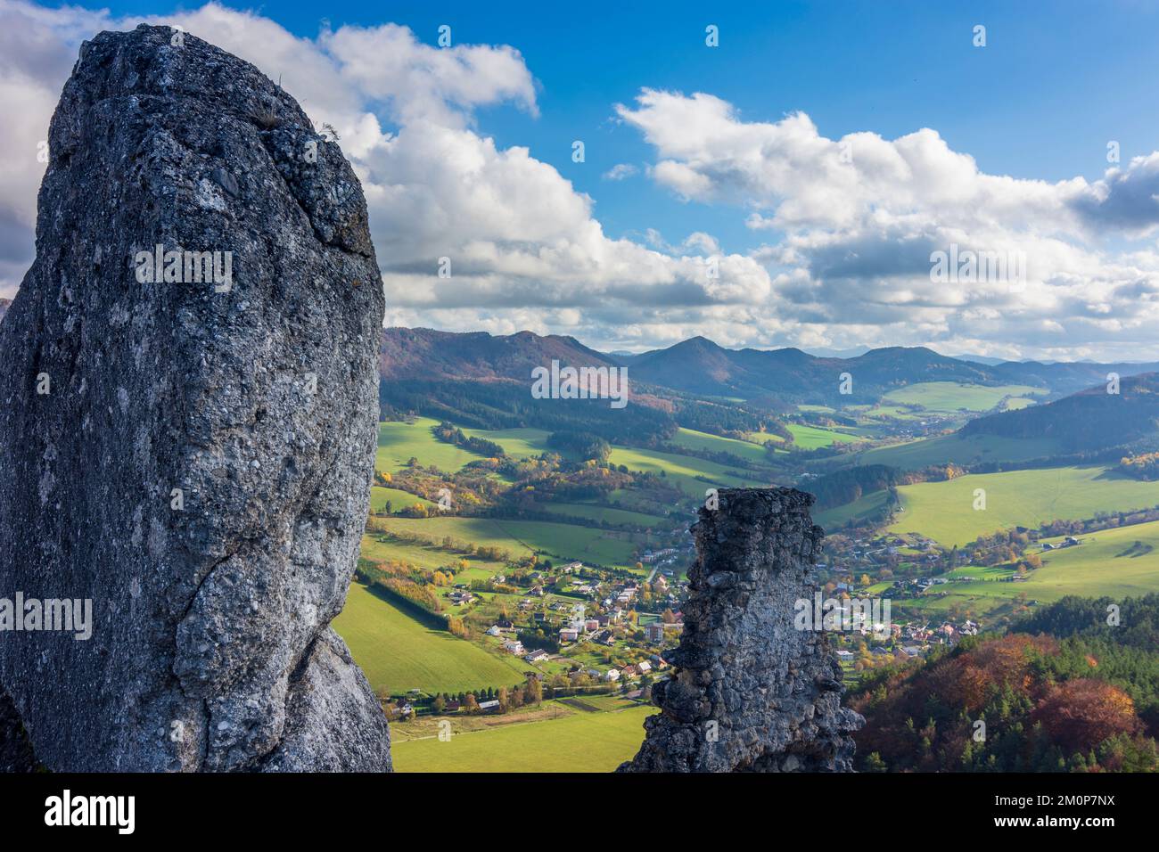 Sulovske skaly (Sulov Rocks): view from ruin Sulov Castle to village ...