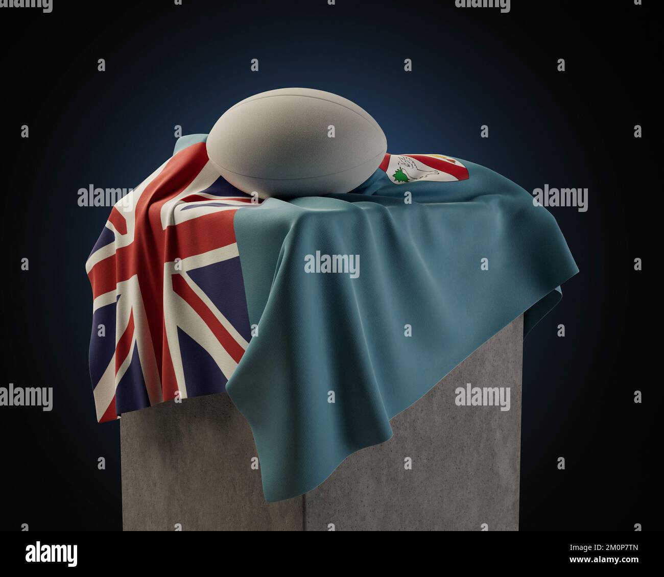A regular rugby ball resting on a Fiji flag draped over a plinth on an ...