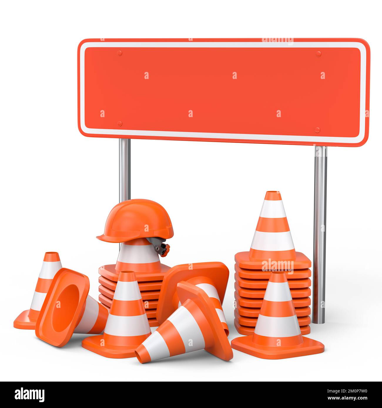 Set of safety helmets or hard hats and traffic cones, road sign for ...