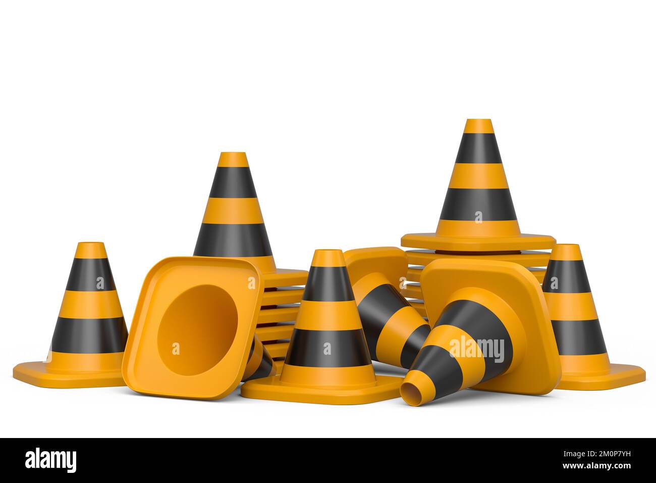Set of safety helmets or hard hats and traffic cones, road sign for ...