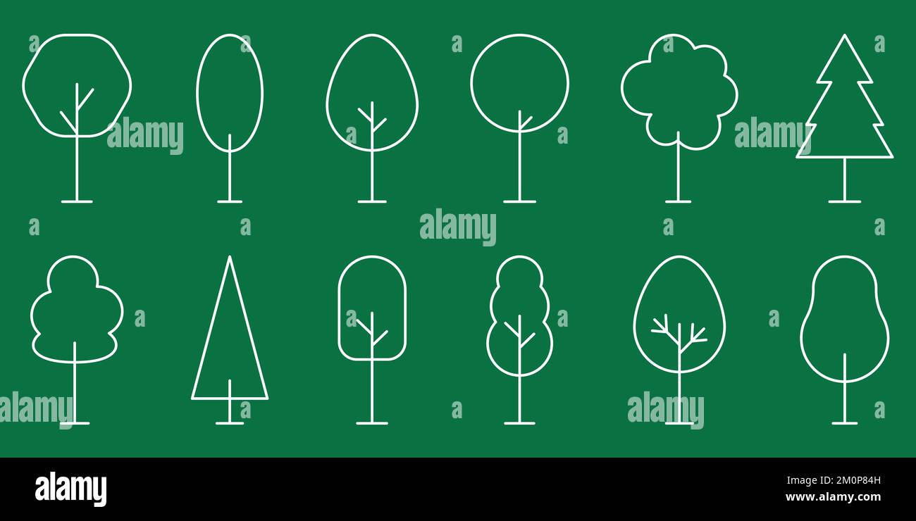 Set of green tree icons. Line art style. Vector illustration Stock ...