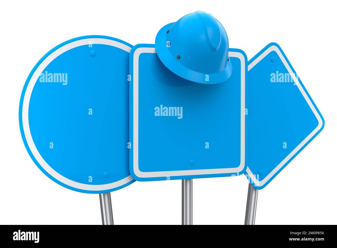 Set of safety helmet or hard hat on road traffic signs on pole isolated ...