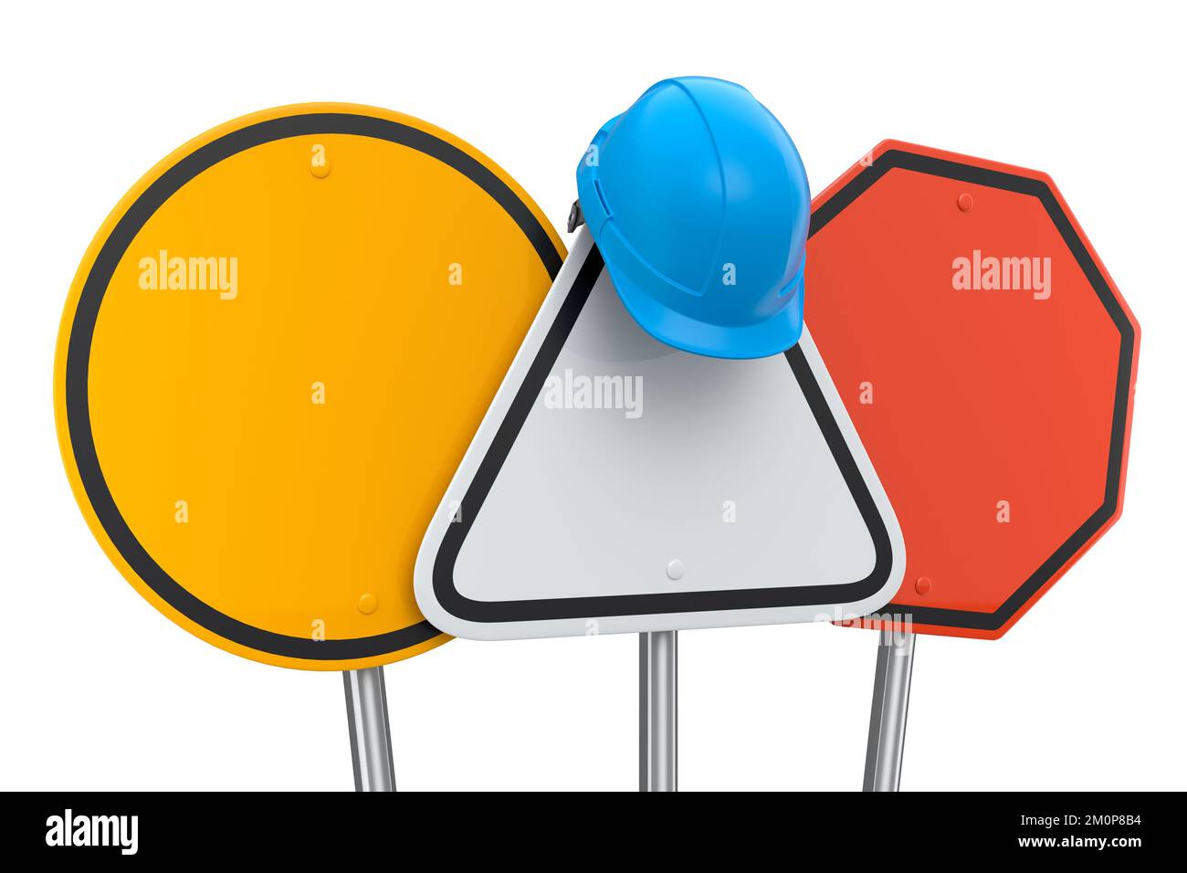 Set of safety helmet or hard hat on road traffic signs on pole isolated ...