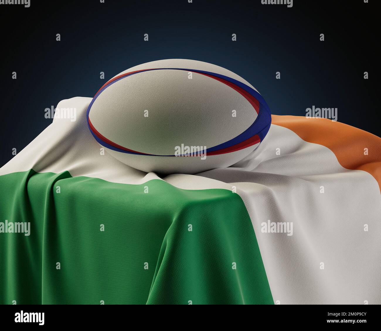 A regular rugby ball resting on a Ireland flag draped over a plinth on ...