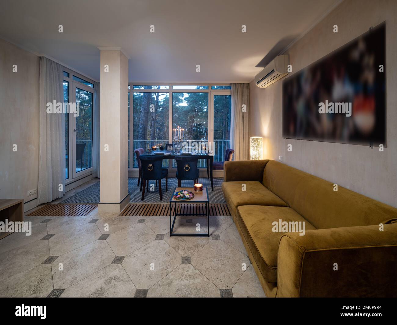 Modern interior of living room in luxury private house. Table, chairs ...