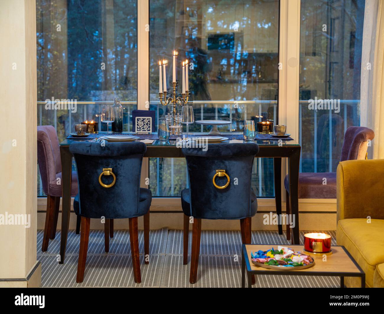 Modern interior of living room in luxury private house. Table, chairs ...