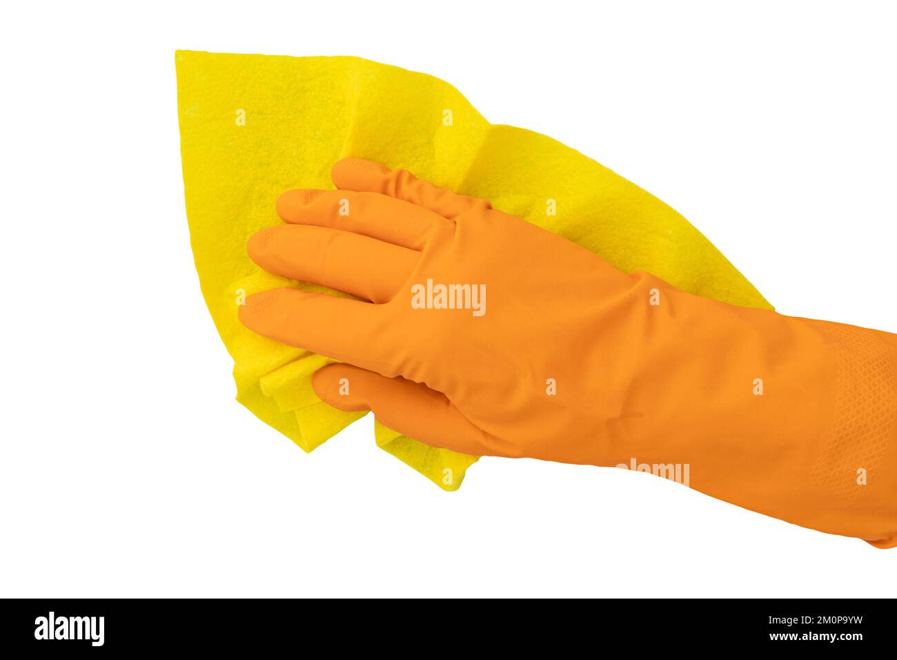 hand in rubber glove holds yellow rag on white background, house ...