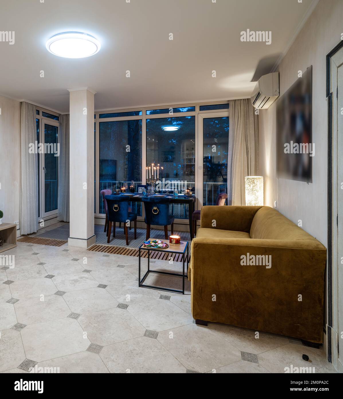 Modern interior of living room in luxury private house. Table, chairs ...