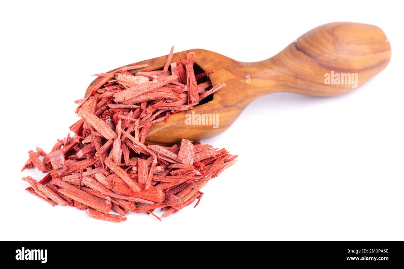 Red Sandalwood incense chips in wooden spoon, isolated on white ...