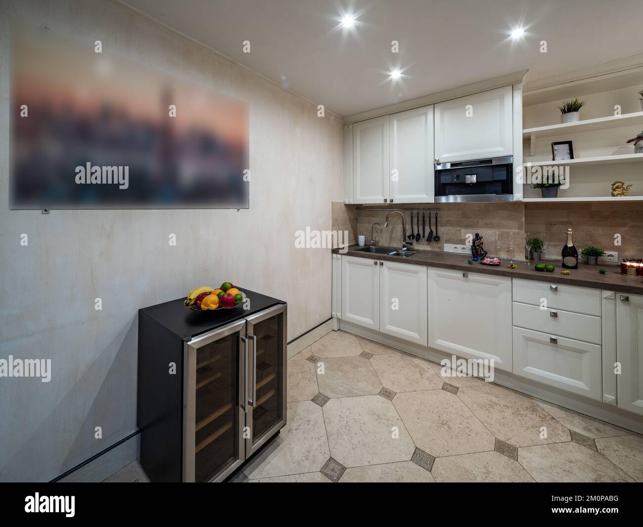 Modern interior of private house. Spacious kitchen. Fresh fruits Stock ...