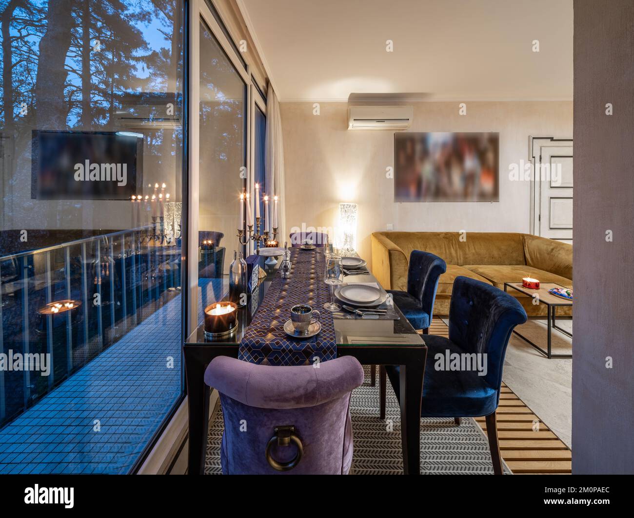 Modern interior of luxury private house. Served table near window Stock ...