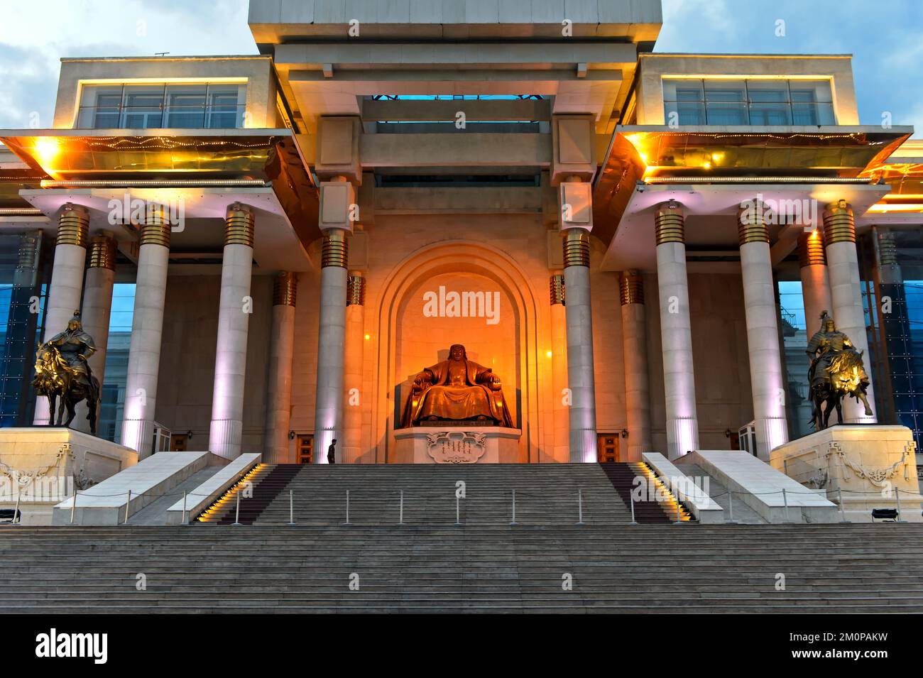 Parliament building on Sükhbaatar Square with the Genghis Khan monument ...