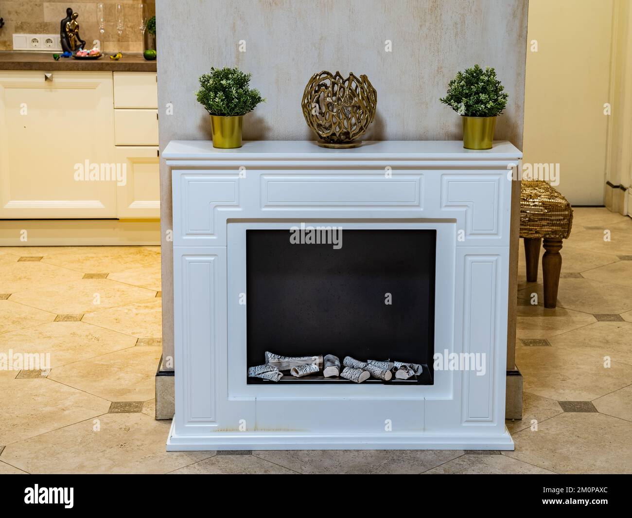 Modern interior of luxury apartment. White electric fireplace Stock ...
