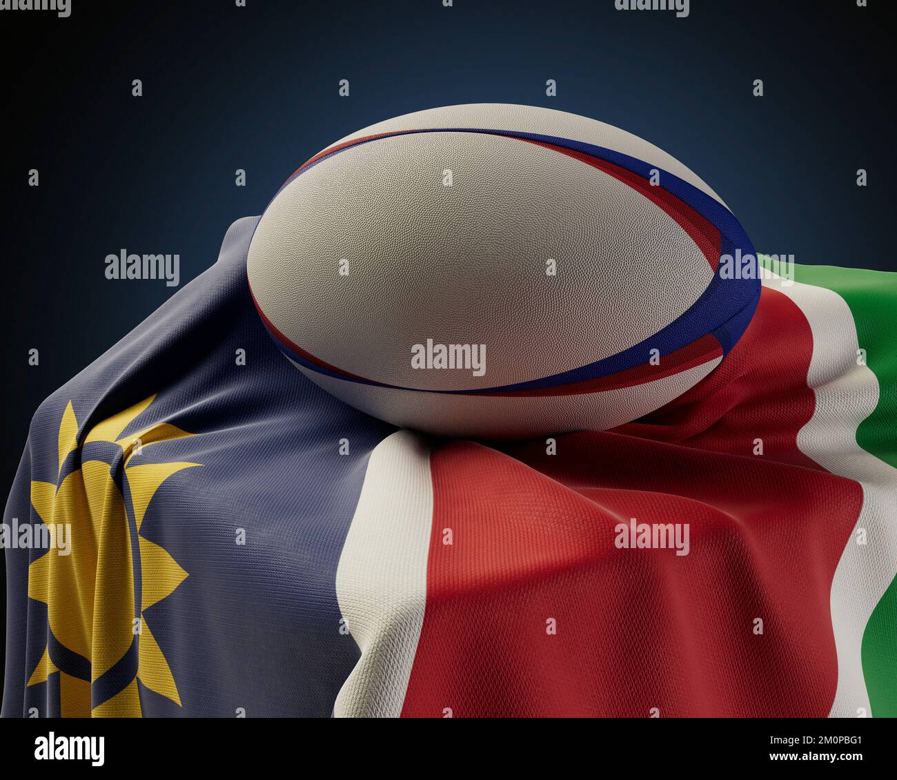 A regular rugby ball resting on a Namibia flag draped over a plinth on ...