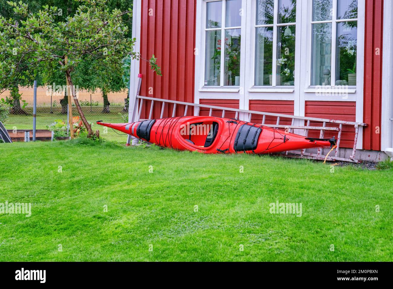 One modern red recreational kayak on backyard behind house, summer ...