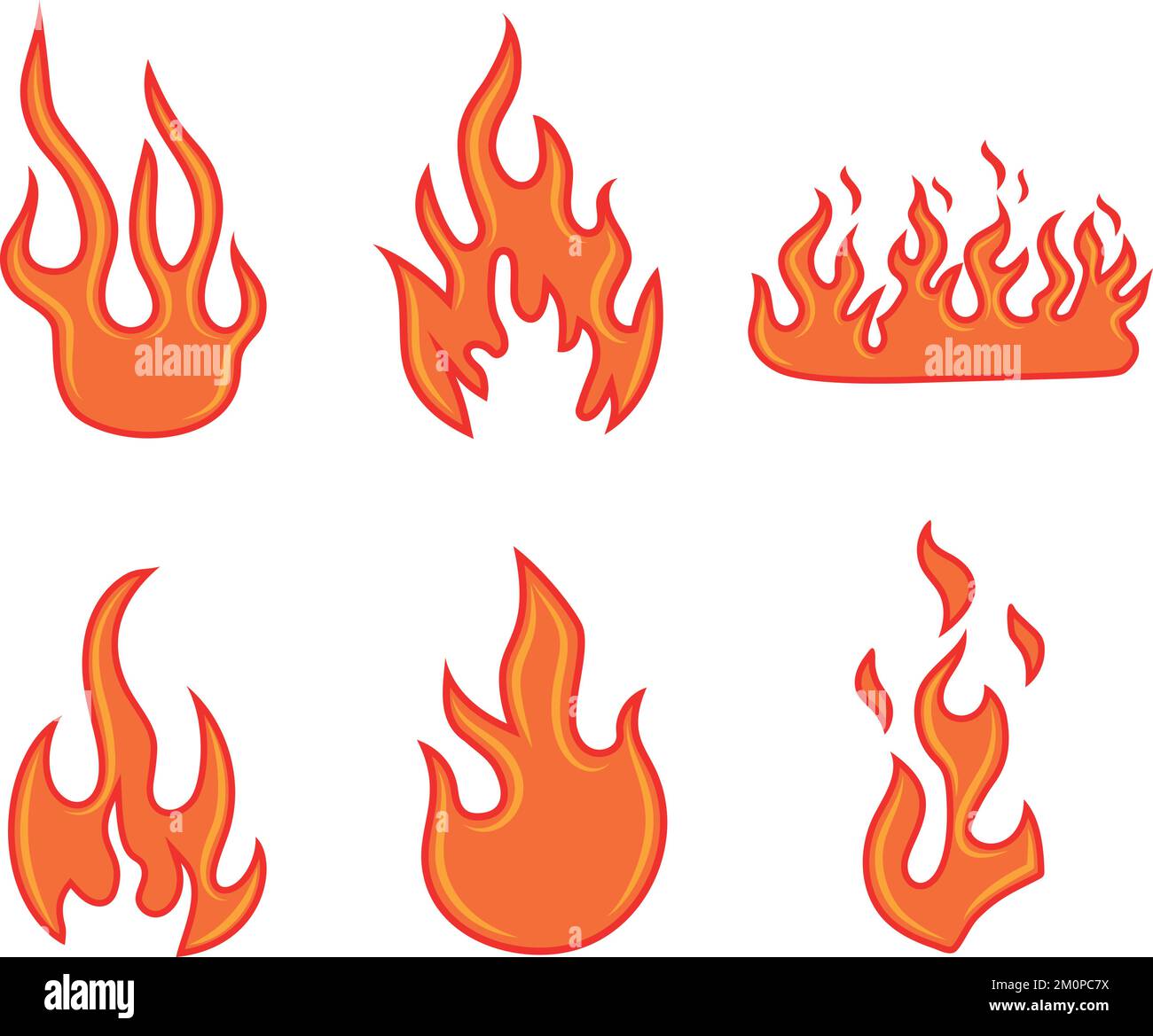A digital illustration of different orange burning flames on a white ...