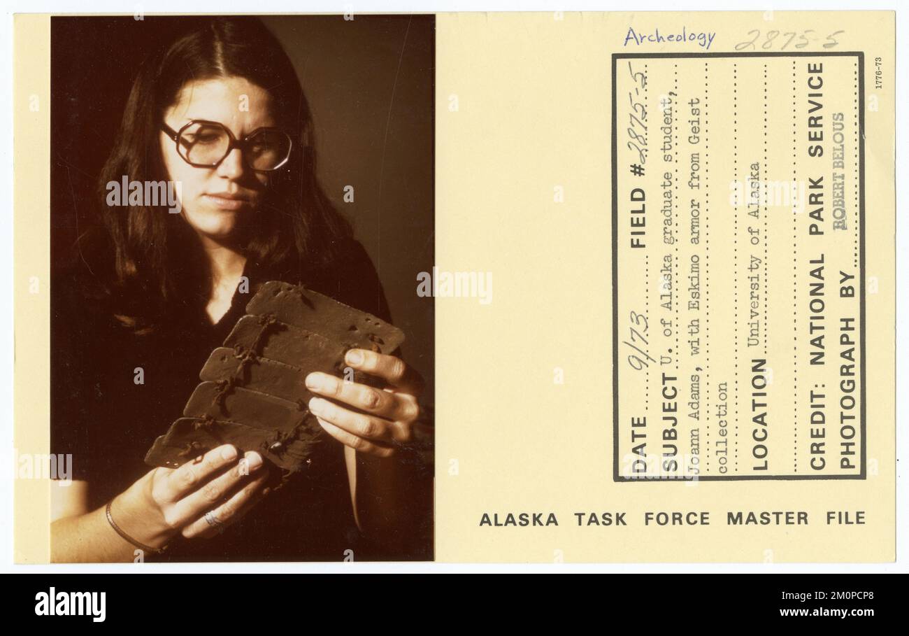 U of Alaska graduate student, Joann Adams, with Eskimo armor from Geist ...