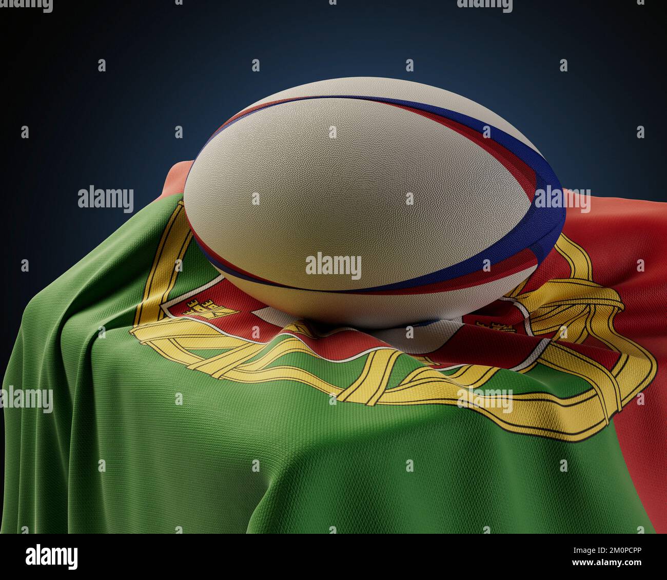 A regular rugby ball resting on a Portugal flag draped over a plinth on ...
