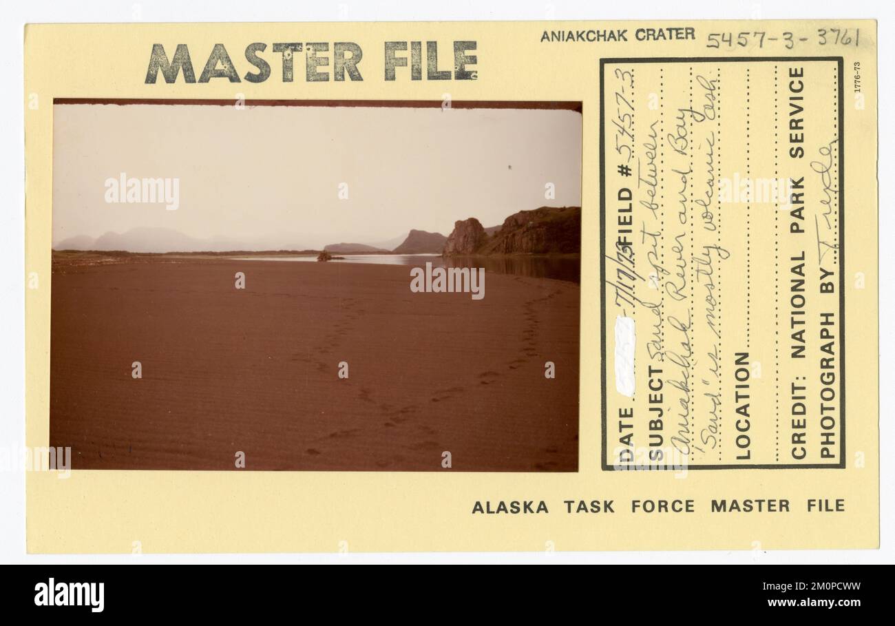 Sand spit between Aniakchak River and Bay. "Sand" is mostly volcanic ...