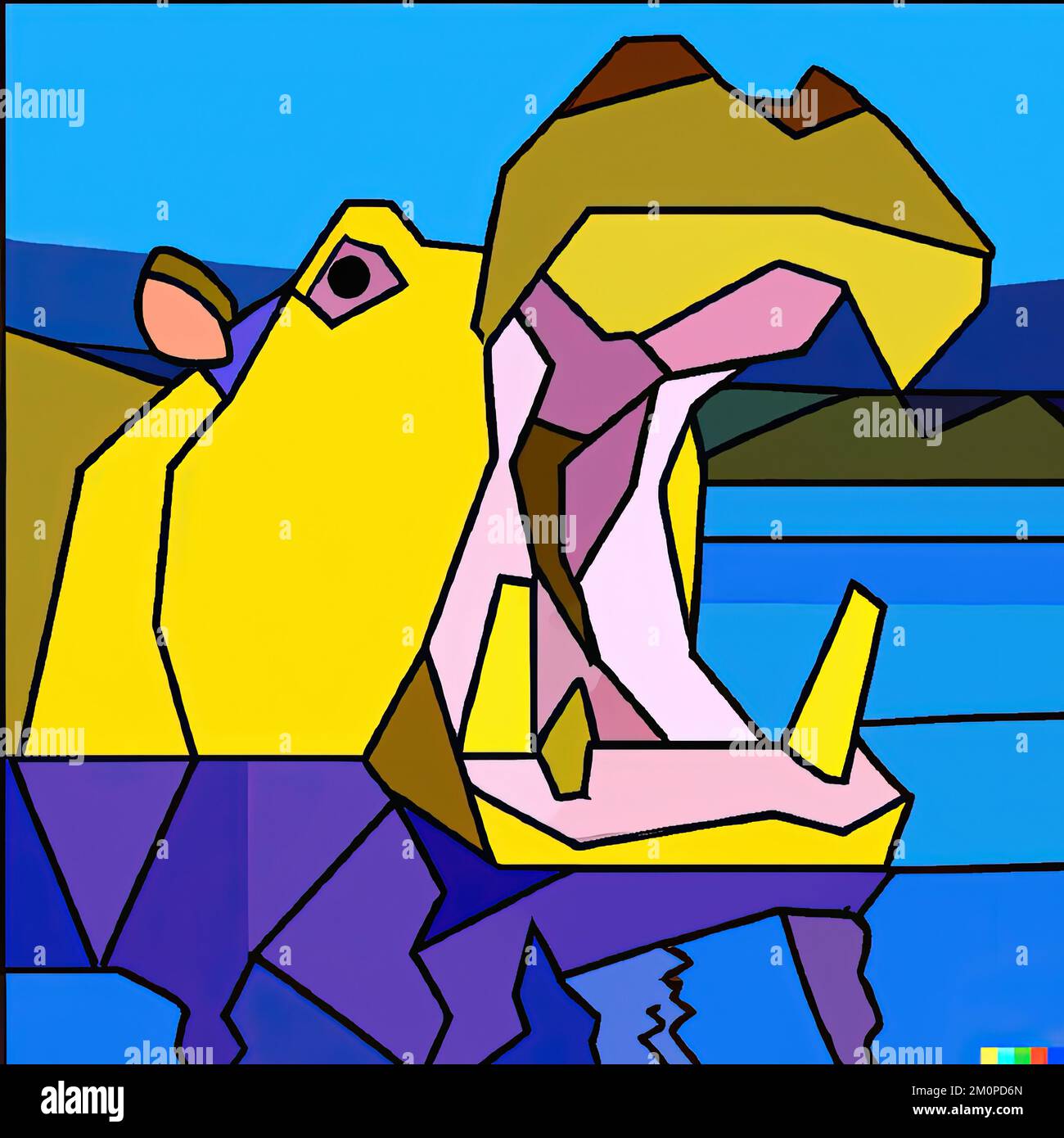 cubist yellow hippo with wide open mouth in a lake Stock Photo - Alamy